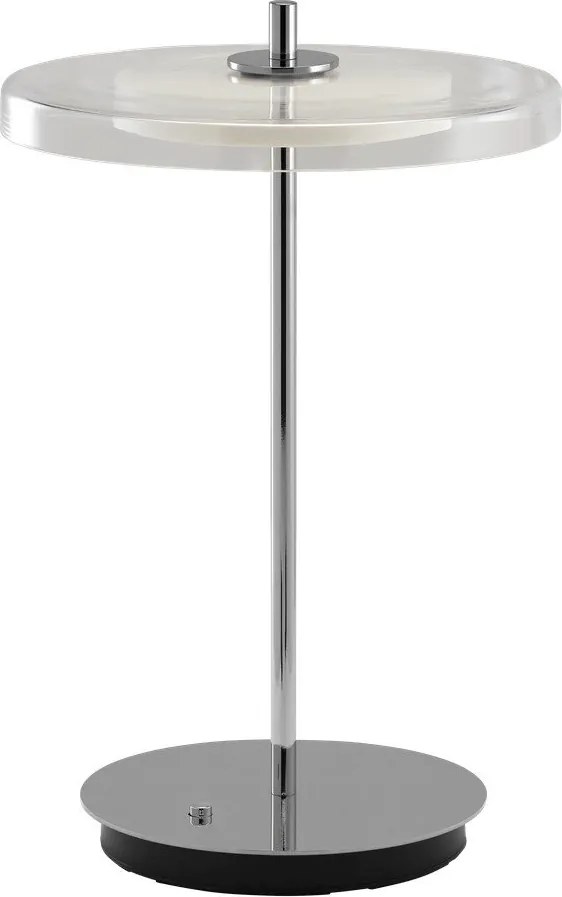 Ocelová LED stolní lampa s USB portem ve stříbrné barvě se skleněným stínidlem (výška 31 cm) Asteria Move – UMAGE