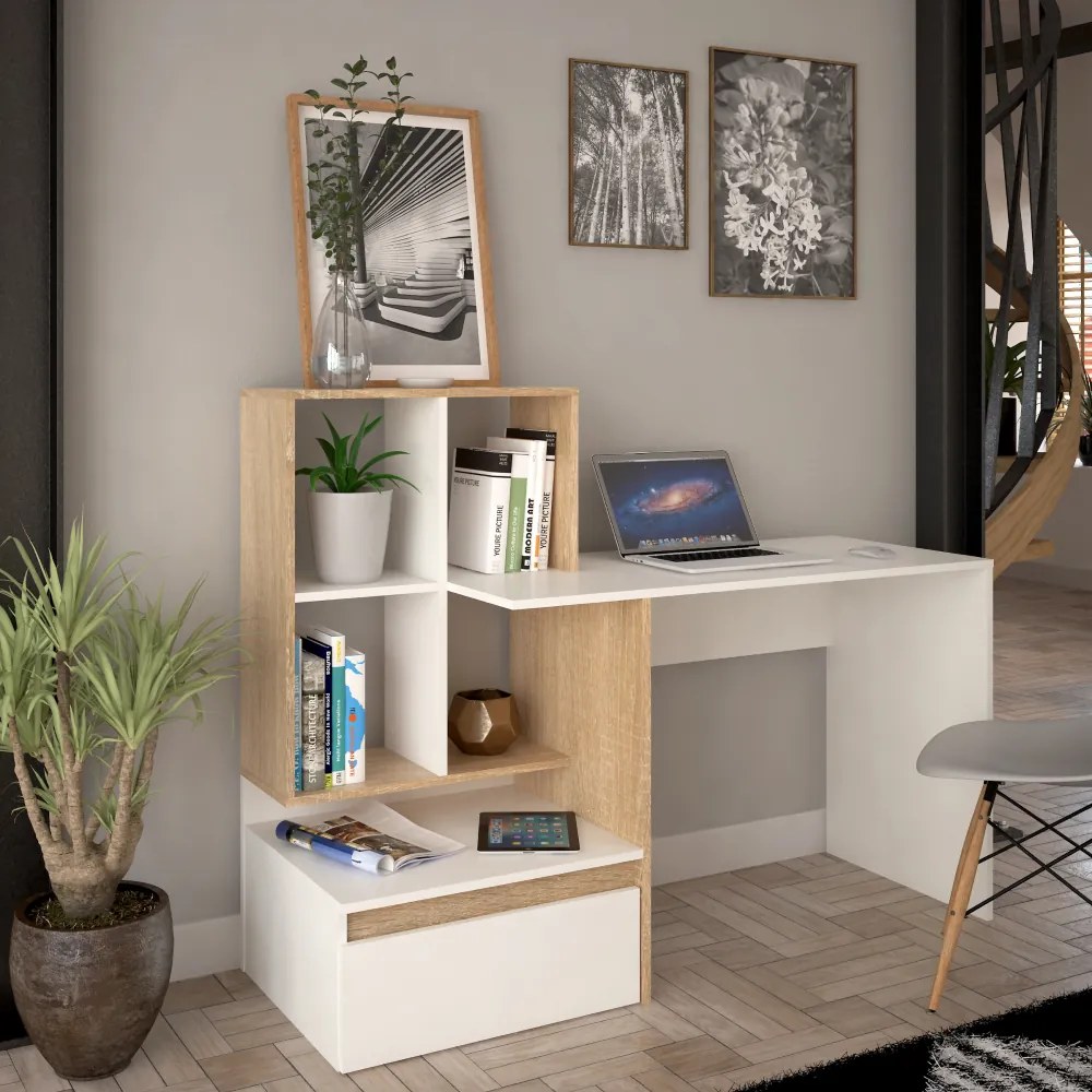 PC stůl, bílá/dub sonoma, EROSS NEW