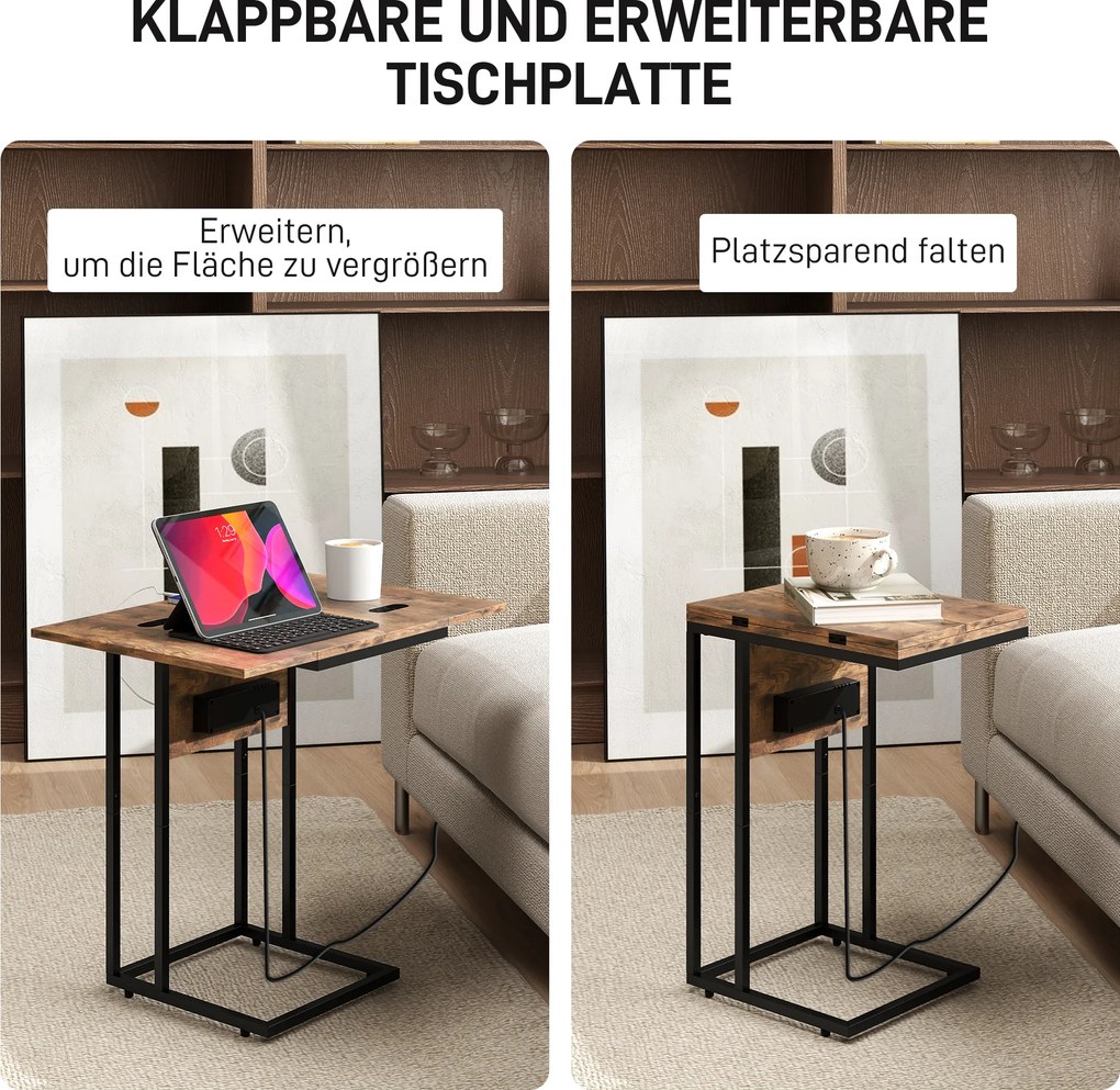 HOMCOM Skládací příruční stolek, nabíjecí stanice s USB porty, kov, 39 x 29 x 57 cm, hnědá