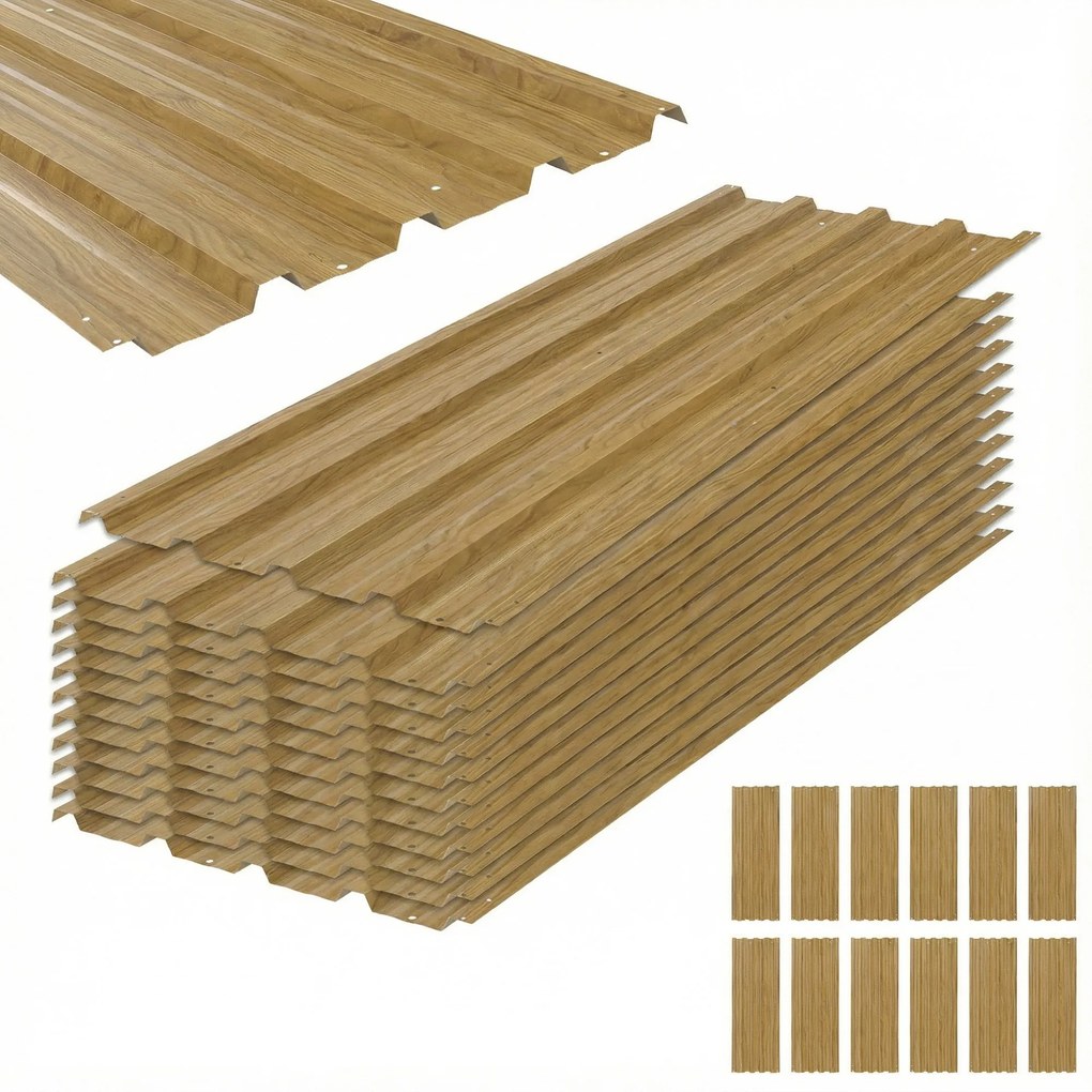 Outsunny 12 kusů trapézového plechu 129x45cm 7m² pozinkovaný střešní plech 0,25 mm odolný proti počasí přírodní dřevo