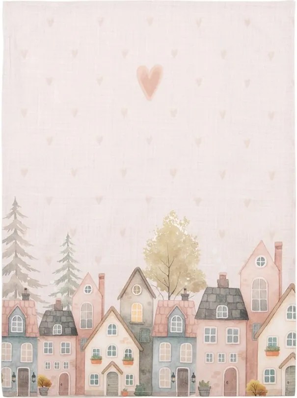 Béžová bavlněná utěrka se srdíčky a domky Hearts & Houses - 50*70 cm