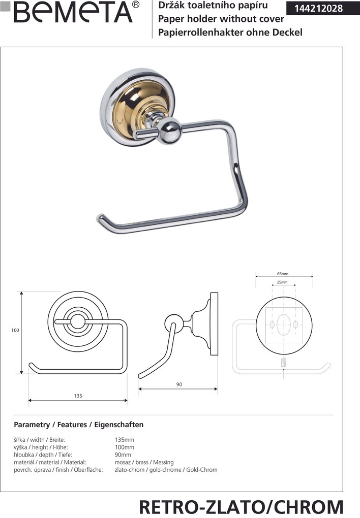 Bemeta Design RETRO gold-chrom: Držák toaletního papíru, bez krytu - 144212028