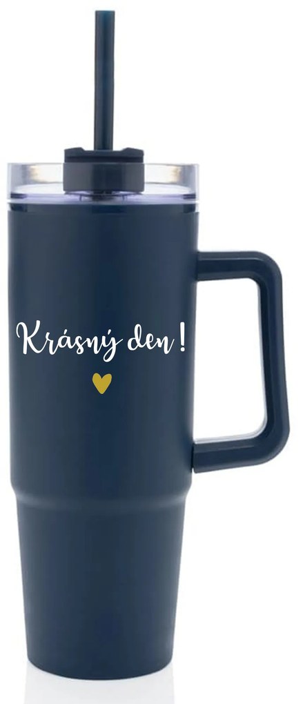 KRÁSNÝ DEN - modrý cestovní termohrnek s průhledným víčkem 900 ml