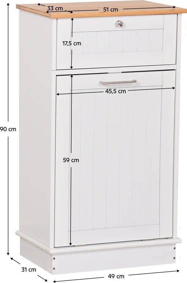 Výklopná skříňka s odpadkovým košem, bílá/bambus, DELINS TYP 1