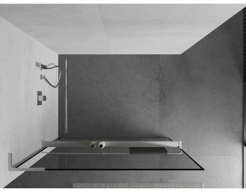 Mexen Kioto+ L, sprchová zástěna Walk-In s poličkou a věšákem 120 x 200 cm, 8mm čiré sklo černý vzor, broušená ocel profil, 800-120-123-97-70