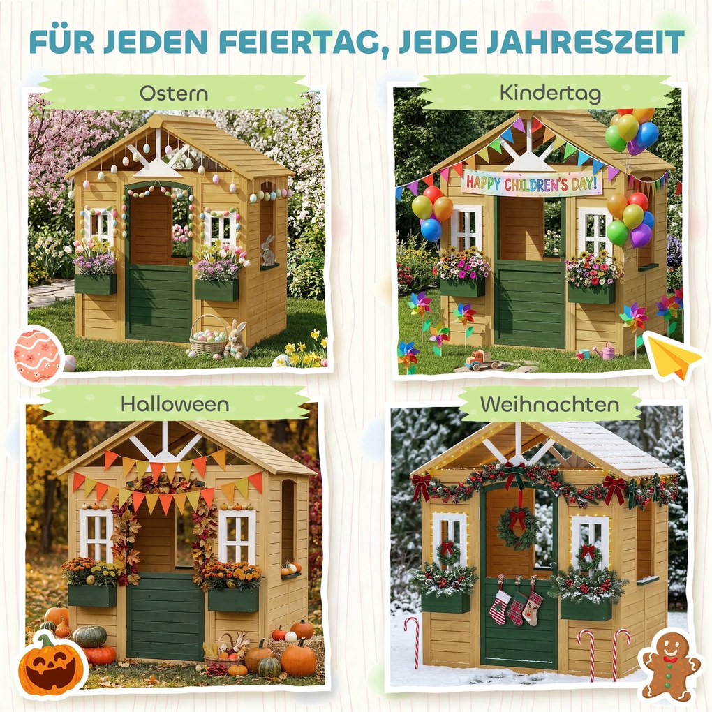AIYAPLAY Dětský domek na hraní Dřevěný venkovní domek na hraní s dveřmi 3 okny 2 truhlíky na květiny pro děti od 3 do 8 let 134,5 x 97 x 150 cm Hnědá…