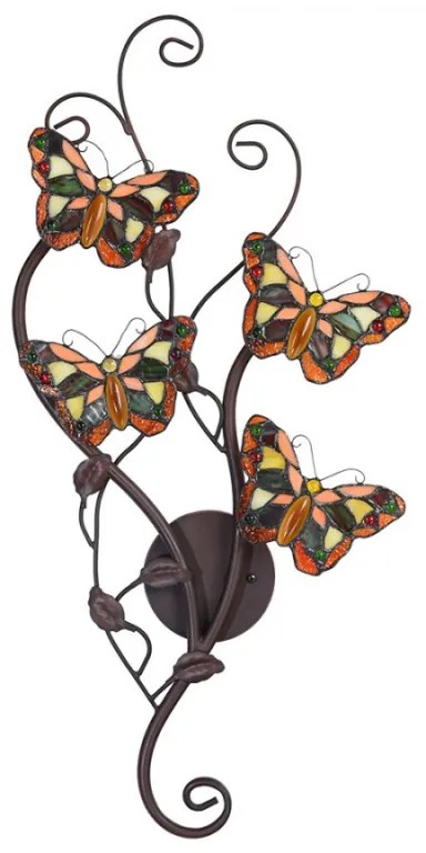 Nástěnná lampa Tiffany Saber žluto hnědá se 4 motýlky – 32x68 cm
