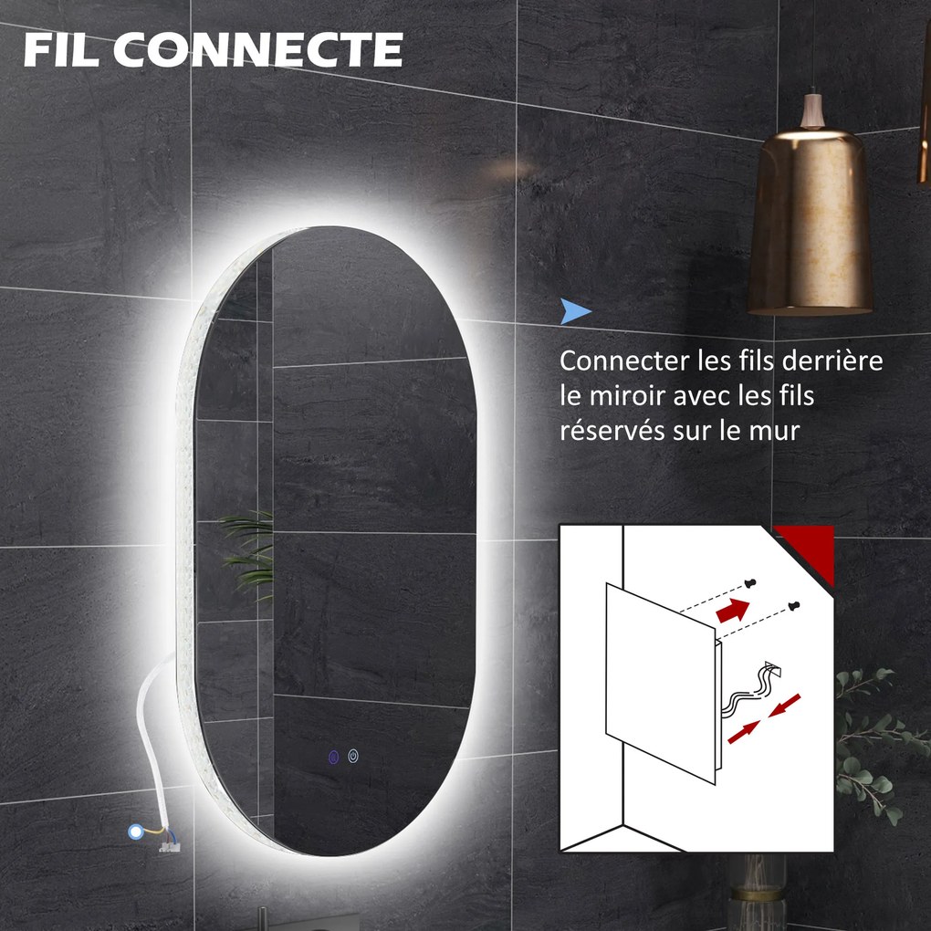 kleankin oválné osvětlené LED nástěnné zrcadlo do koupelny 81 x 51 cm, 3 barvy, nastavitelná jasnost, dotykový spínač, průhledné