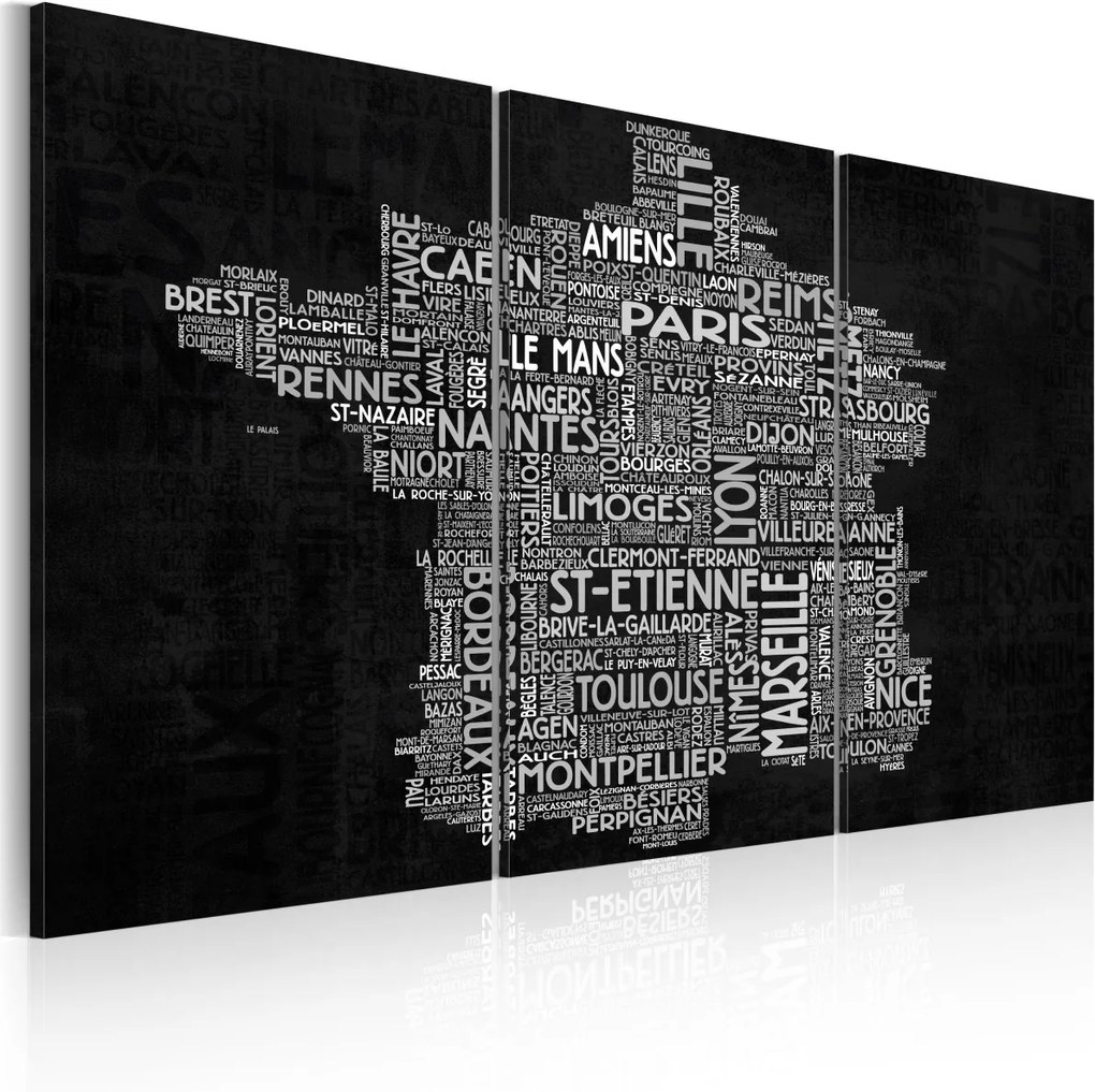 Obraz - Text map of France on the black background - triptych - 120x80
