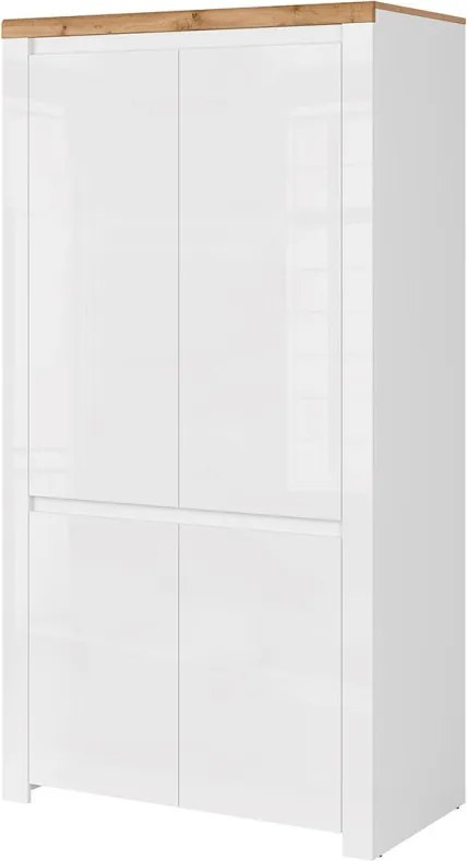 Skříň čtyřdveřová Vigo 106x202x56 cm Bílý lesk / Dub wotan