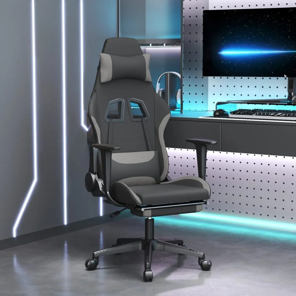 Masážní herní židle s podnožkou černá a světle šedá textil - Default Title