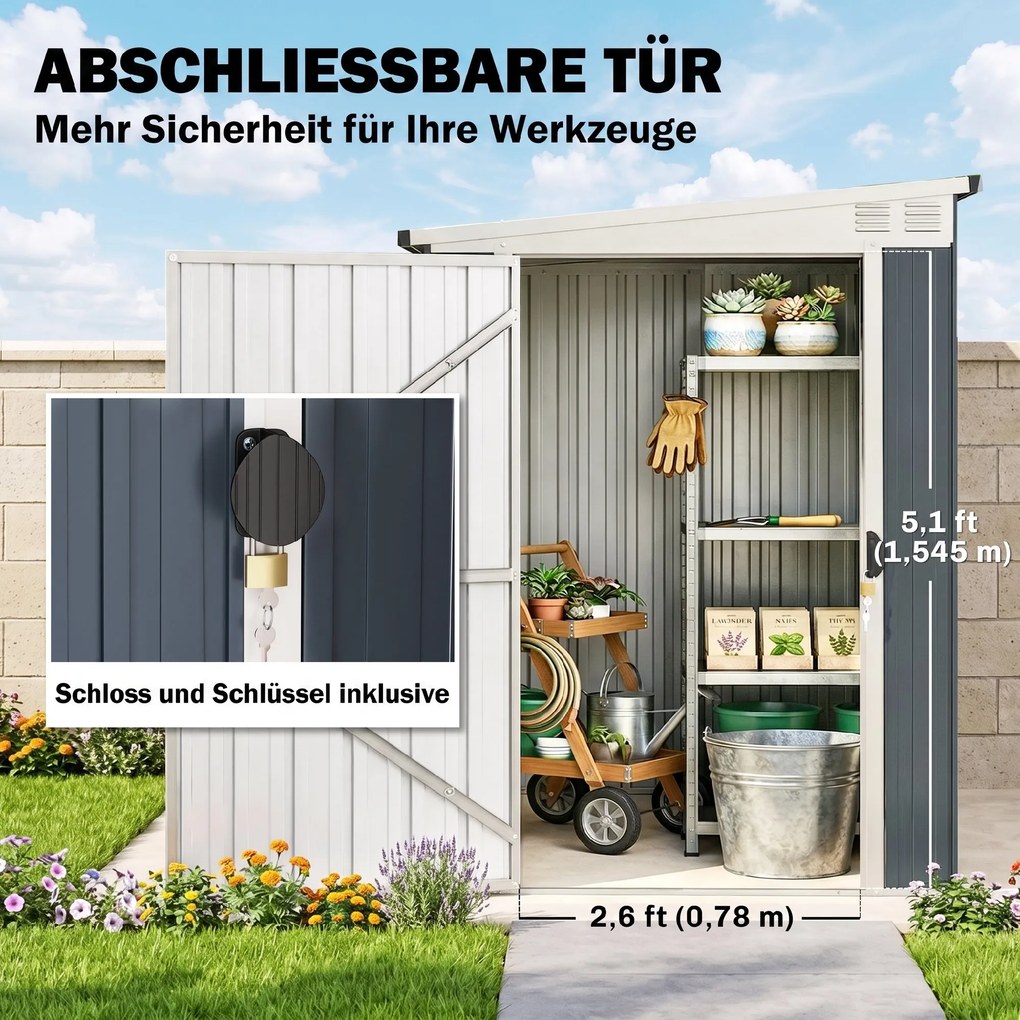 Outsunny Kovová Kůlna na Nářadí 2.7m² 128x231x181cm Se Šikmou Střechou, Okno, Zámek, Voděodolná Exteriérová Kůlna pro Zahradní Prostor Tmavě Šedá