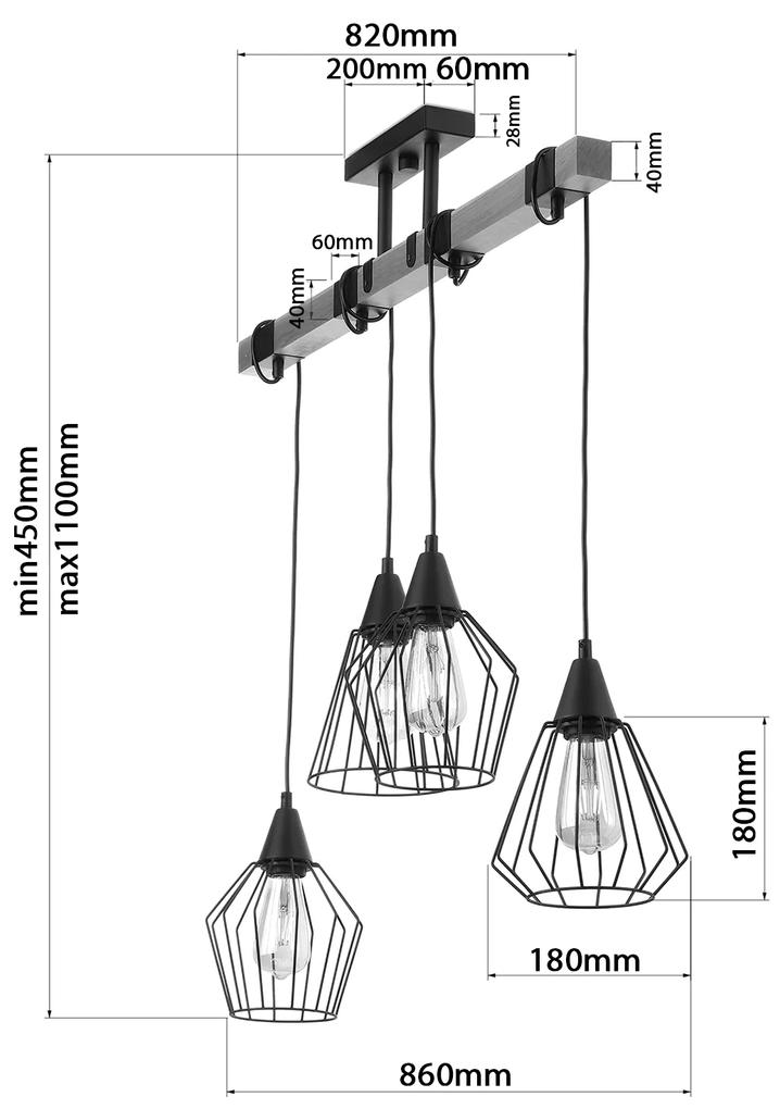 Light for home - Závěsné svítidlo na lankách 20411 "CAMEROON", 4x60W, E27, černá, přírodní olše