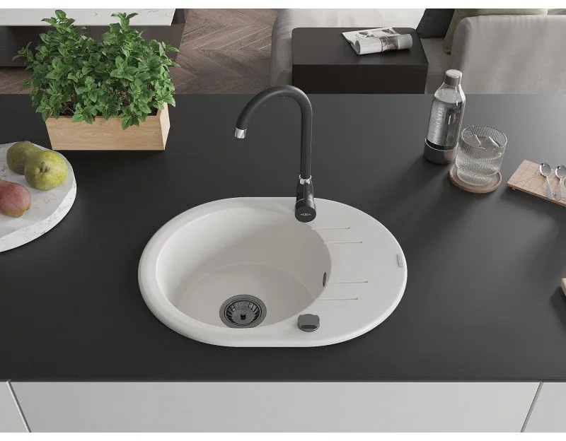 Mexen Kevin, granitový dřez 586x458x190 mm, 1-komorový, bílá s černým sifonem, 6517581005-20-B
