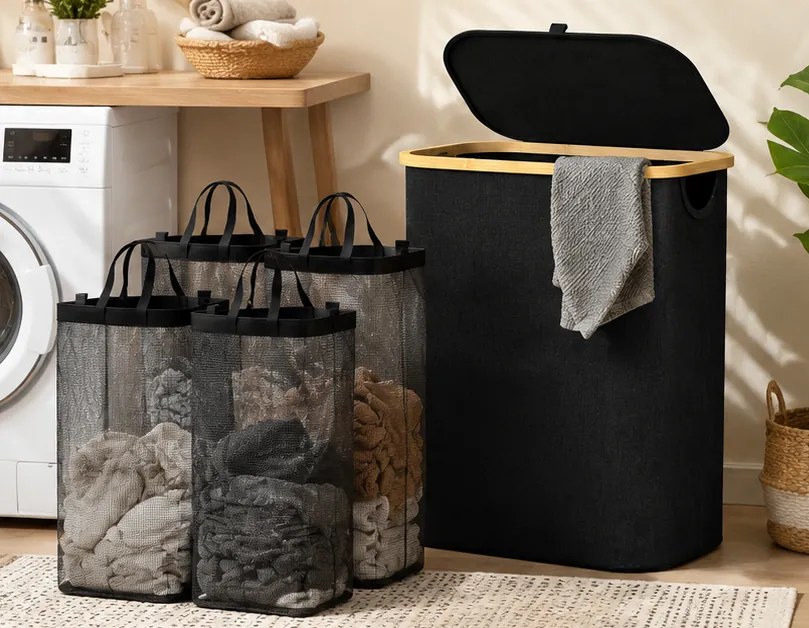 koš na prádlo, objem 110+ l, s víkem, 3 odnímatelné tašky, látka/bambus, 75x43x32 cm, černá/přírodní, Dekorino KP20260003