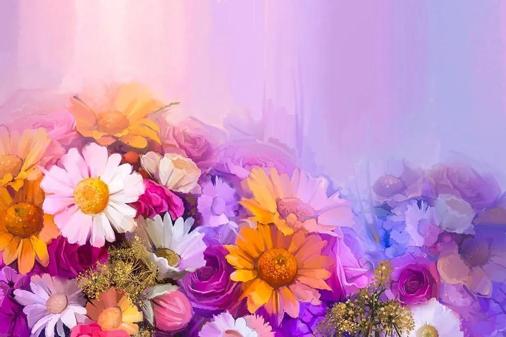 Samolepící tapeta olejomalba pestrobarevných květin - 225x150 cm