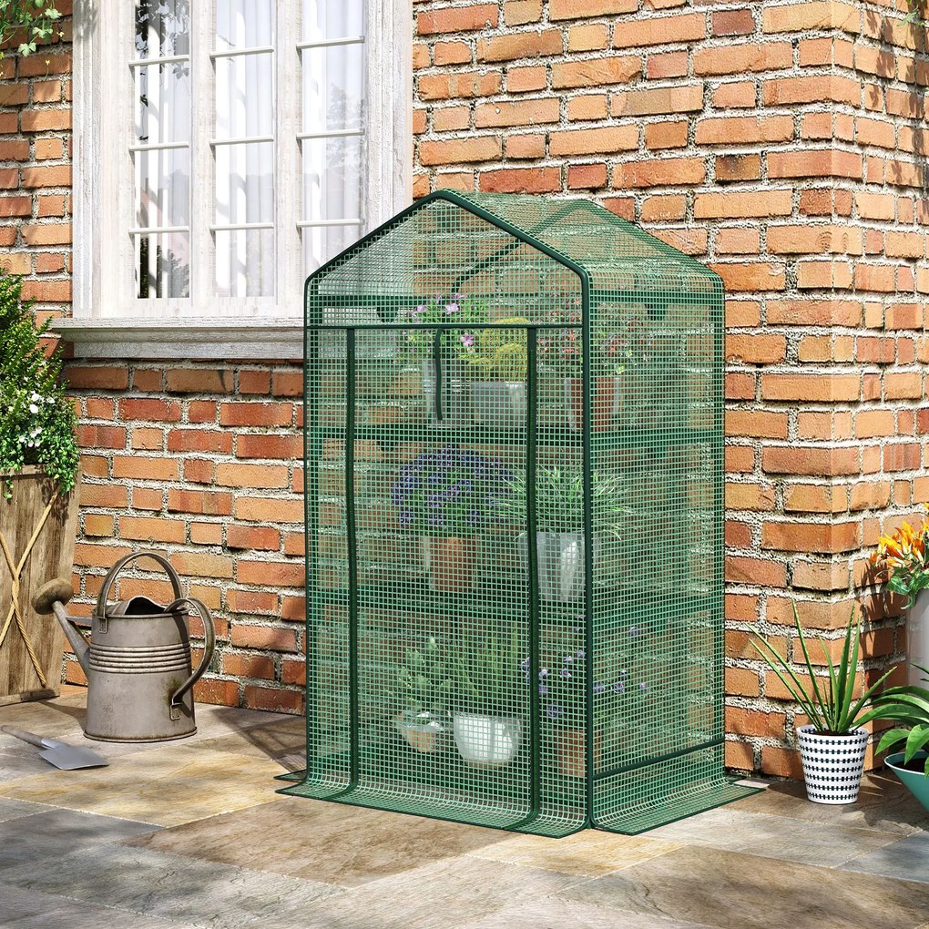 Mini skleník Outsunny s fóliovým krytem a 3 policemi, rolovací dvířka, zeleninový záhon v zelené barvě 69 x 49 x 125 cm pro milovníky zahrady