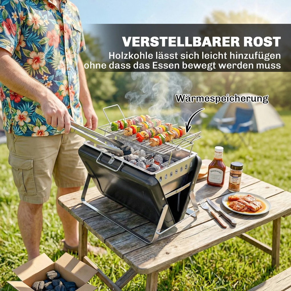 Outsunny Gril na dřevěné uhlí z nerezové oceli BBQ udírna s grilovacím roštem rukojeť skládací nohy pro grilování kempování 40x28x25,5cm černá