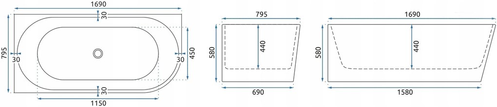 Asymetrická akrylátová vana s krycím panelem REA SYDNEY BELLANTO Levá 170x80 cm, bílý, sifon Click-Clack - bílý