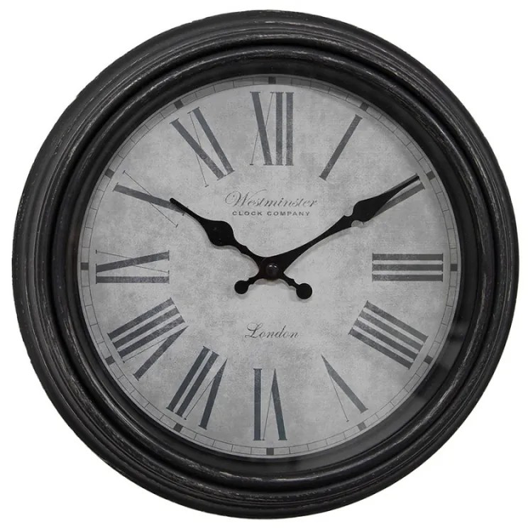 Hnědo-šedé nástěnné hodiny s patinou a nápisem Westminster Clock Company – 29x5 cm