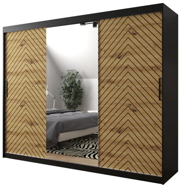 Posuvná skříň se zrcadlem Ratintu 250 cm, Úložný prostor: ne, Barva: dub artisan / dub artisan + černá
