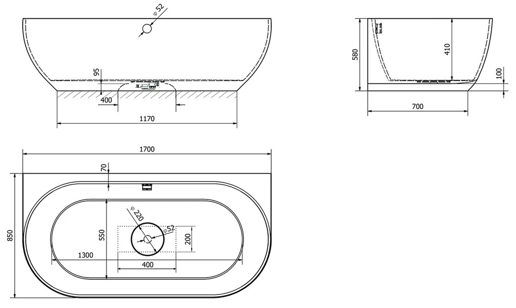 Polysan Pagoda vana nástěnná 170 x 85 cm litý mramor bílá mat 72976MAT