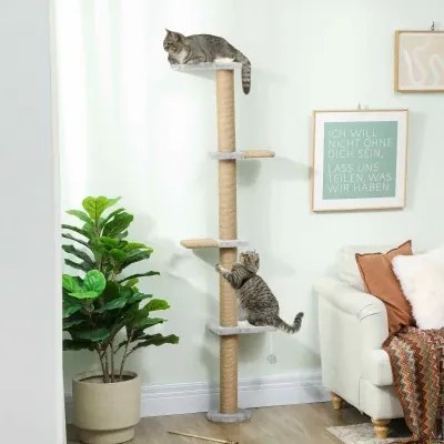 PawHut Kočičí škrabadlo, 5úrovňový design, hračky, sisalové sloupky, plyšová látka, světle šedé