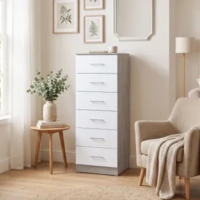 HOMCOM komoda se 6 zásuvkami, vysoká komoda do ložnice s ochranou proti převrácení, 40x40x110 cm, světle šedá a bílá