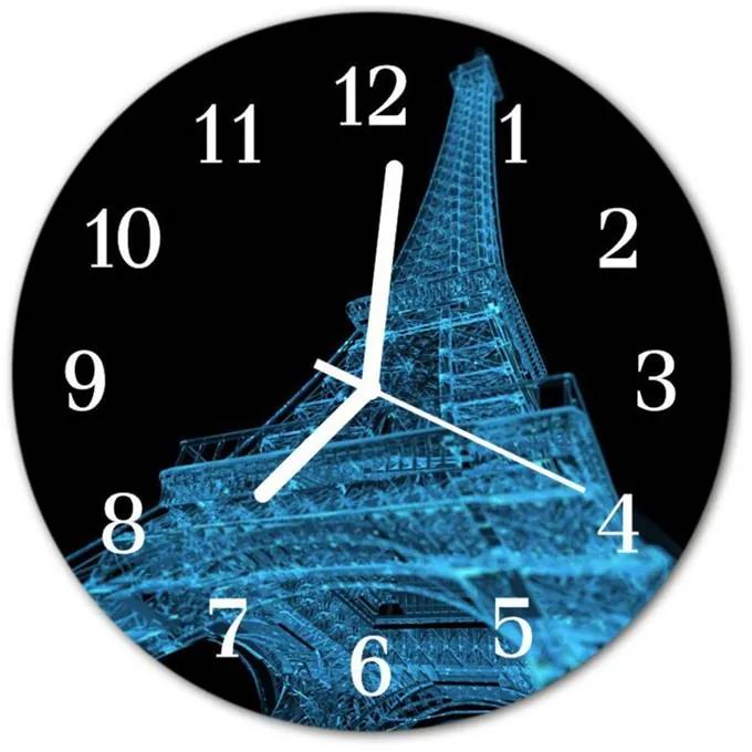 Nástěnné hodiny obrazové na skle - Eiffelová věž modrá
