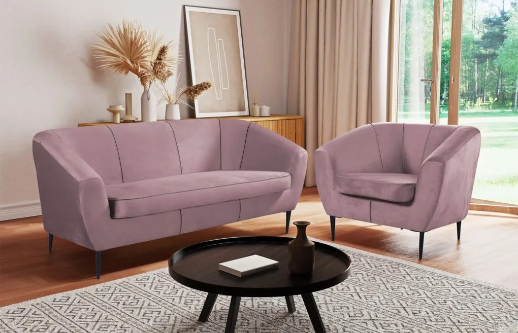 Trojmístná pohovka Olivio, světle růžová sametová látka