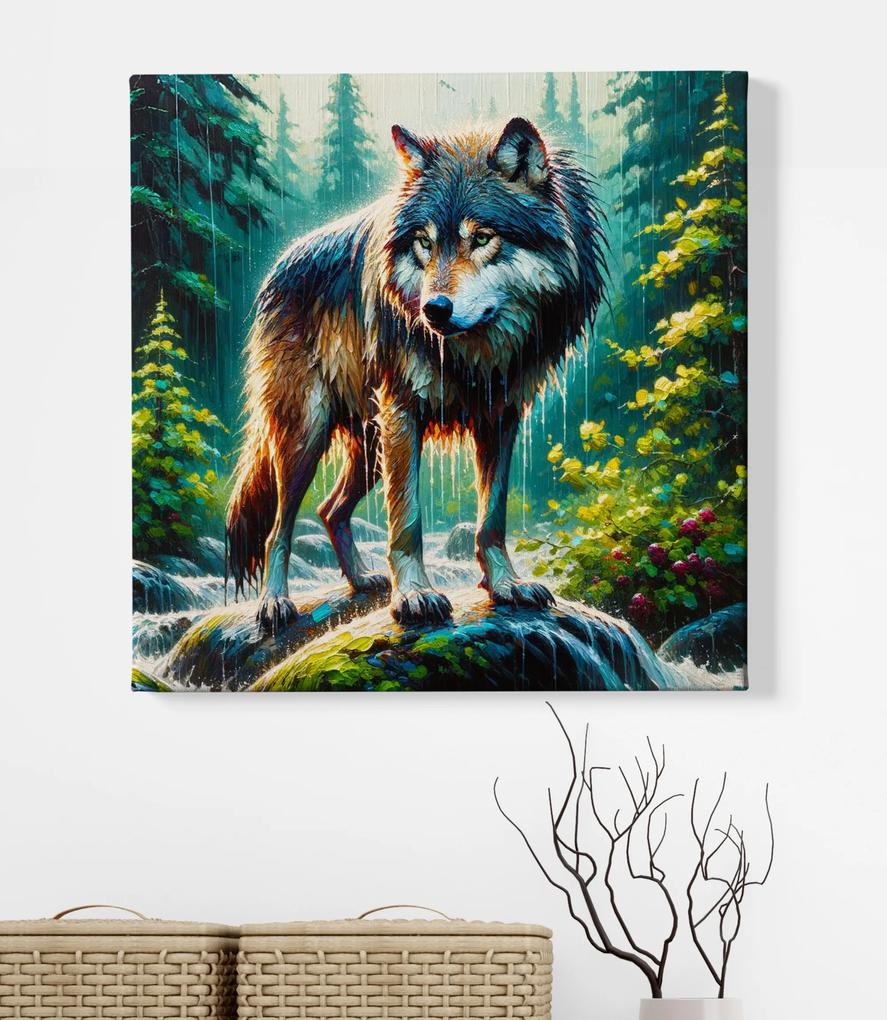 Obraz na plátně - Vlk v deštivém lese FeelHappy.cz Velikost obrazu: 60 x 60 cm