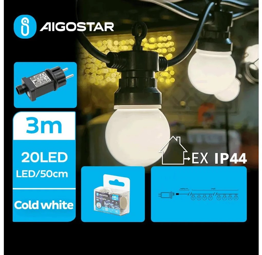 Aigostar - LED Venkovní dekorační řetěz 20xLED/3m IP44 studená bílá
