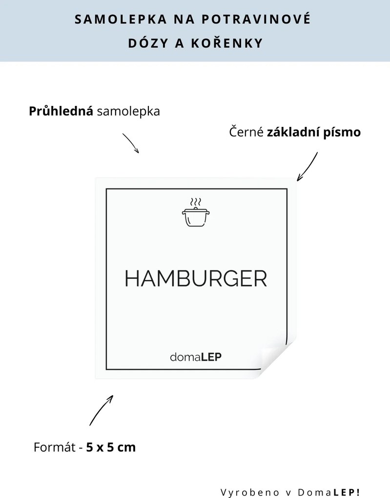 Samolepka na kořenky HAMBURGER průhledná 5 × 5 cm základní písmo