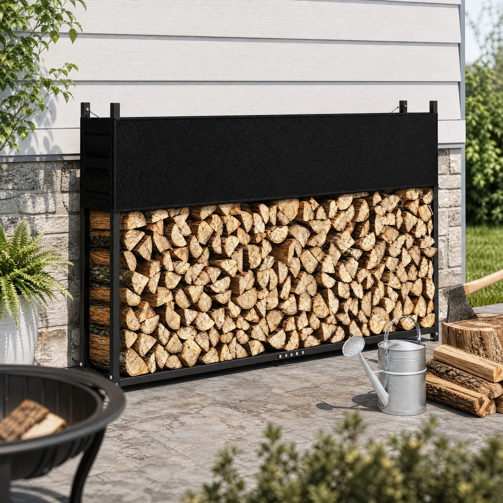 Outsunny Stojan na palivo 202 x 25 x 113 cm, stojan na dřevo s 600D Oxford krytem, ocelový rám do 500 kg, černý