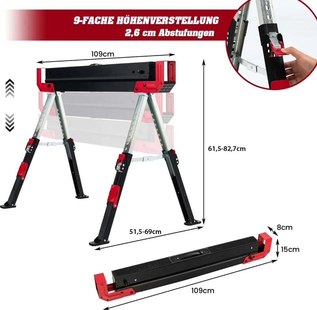 Costway Skládací pila 2 obal vyrobený z oceli 2 × 4 Podpěrná ramena 61,5–82,7 cm