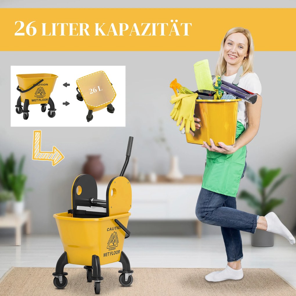 HOMCOM pojízdný kýbl na mop, kyblík na vytírání s ždímačkou a mopem, 26 litrů, žlutý