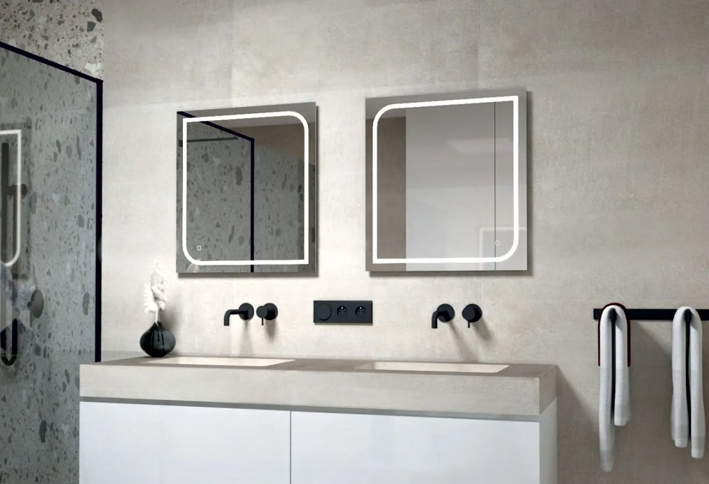 BPS-koupelny Zrcadlo závěsné s pískovaným motivem a LED osvětlením Nikoletta LED 6 Typ: dotykový vypínač a digitální display s hodinami, Rozměry (cm): 80x65 - (Nikoletta LED 6/80 TS-MW)