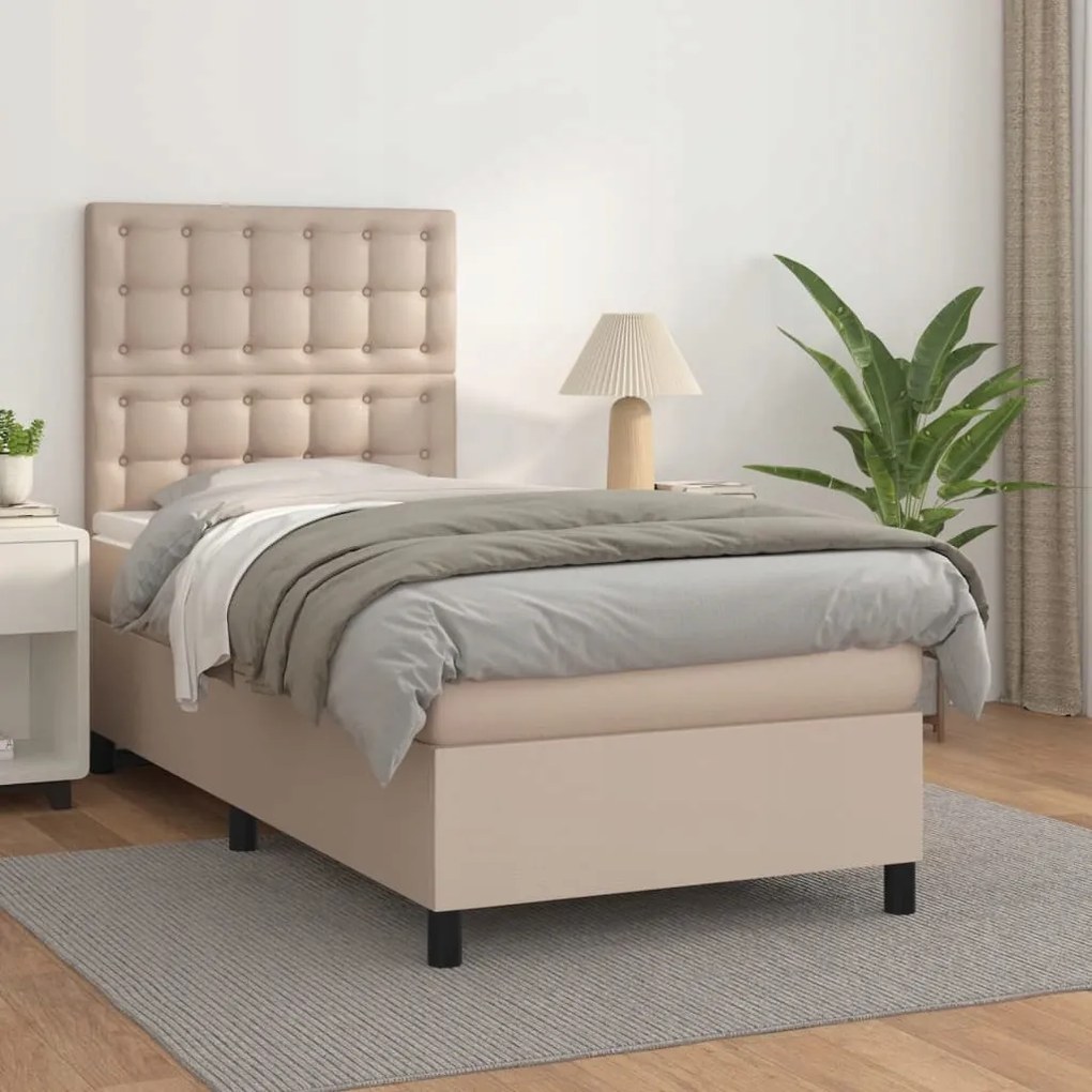 Box Spring Postel S Matrací Umělá Kůže Cappuccino tlačítka 90 x 200 cm