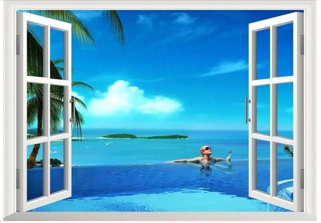 ZOOYOO Samolepka na zeď 3D okno Letní relax 48 x 68 cm