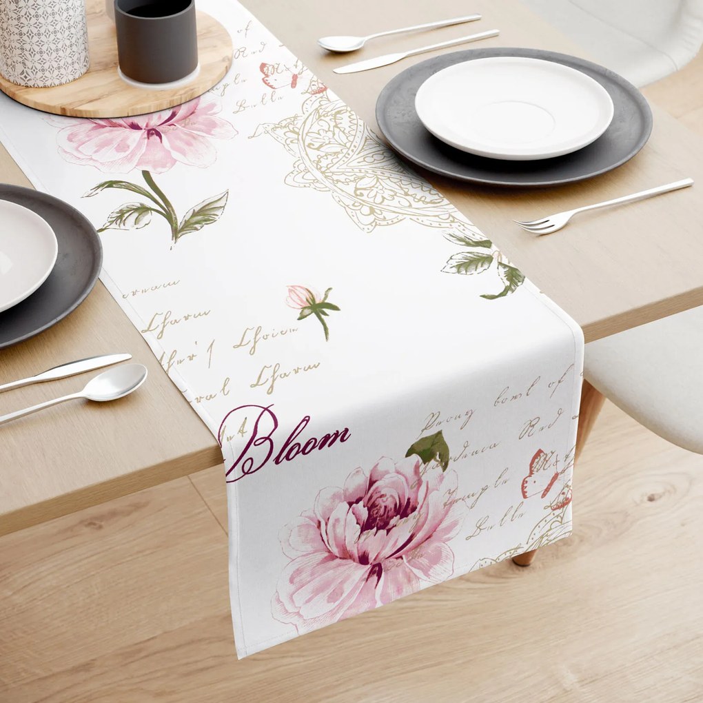 Goldea běhoun na stůl 100% bavlněné plátno - pivoňky s texty 50x180 cm
