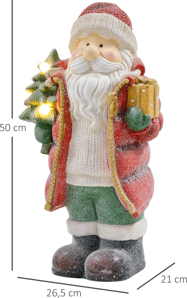HOMCOM Figurína Santa Clause se stromkem a dárkem, 3 teplé bílé LED, na baterie, 50 cm