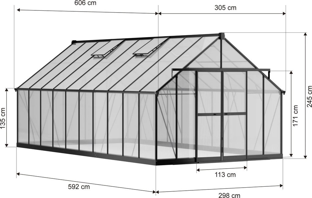 Skleník 245 x 305 x 606 cm, zesílená konstrukce, polykarbonát 6 mm
