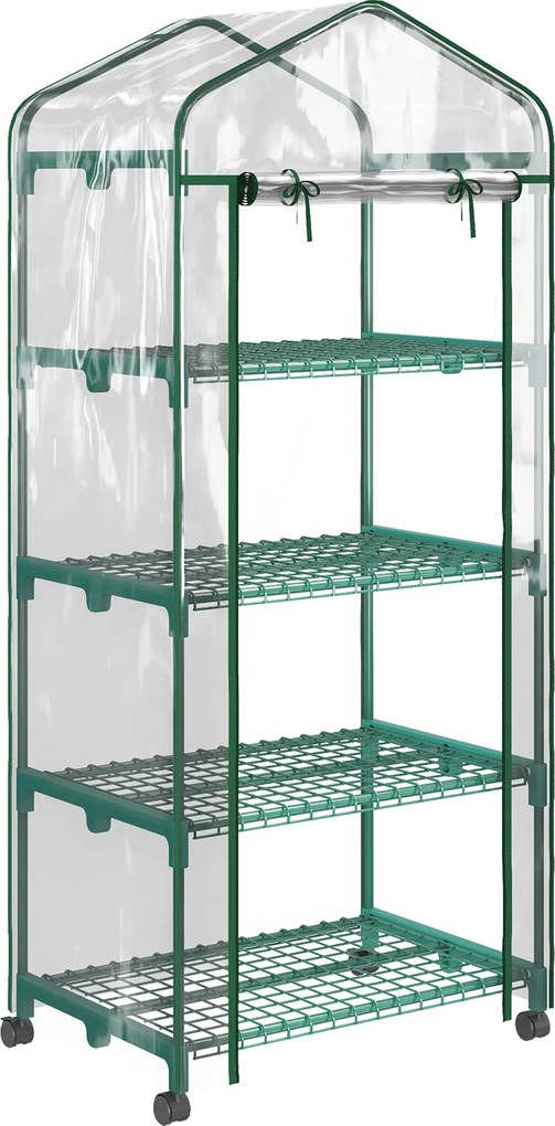 Fóliový skleník Outsunny s rolí, skleník se 4 policemi, fóliový skleník s ocelovým rámem, pro zahradu, balkon 69 x 50 x 165 cm, zelený 845-228V04TP