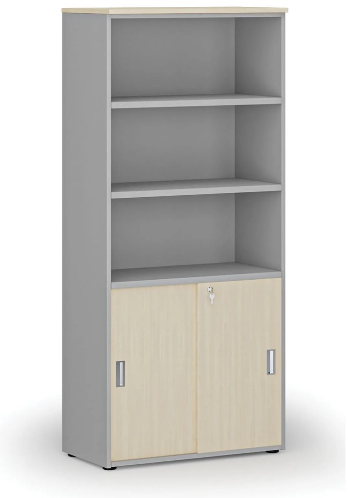 Kombinovaná kancelářská skříň PRIMO GRAY, zasouvací dveře na 2 patra, 800 x 420 x 1781 mm, šedá/bříza