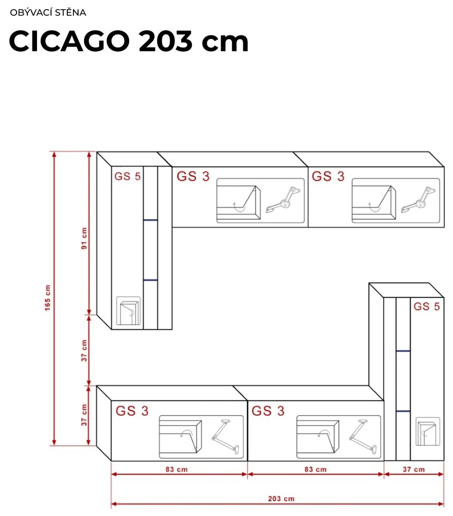 Ral Obývací stěna CHICAGO 4, 203 cm - Černo/bílý lesk