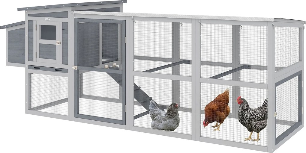 PawHut dřevěný kurník s výběhem pro 3–4 nosnice, 264 x 82 x 89 cm — asfaltová střecha, potah z Oxford tkaniny, hnízdní box, bidýlka, výsuvný podnos —