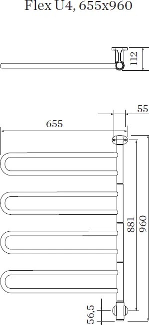 Elektrický sušák na ručníky – nerezový koupelnový žebřík - 4 otočná oblouková ramena (PAX FLEX U) Varianta el. žebříku: Nerez š. 455mm - bez časovače