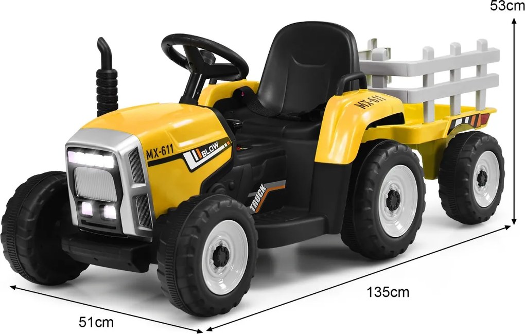 Costway Dětský traktor 12 V s přívěsem na baterie elektrické autíčko žluté, žluť
