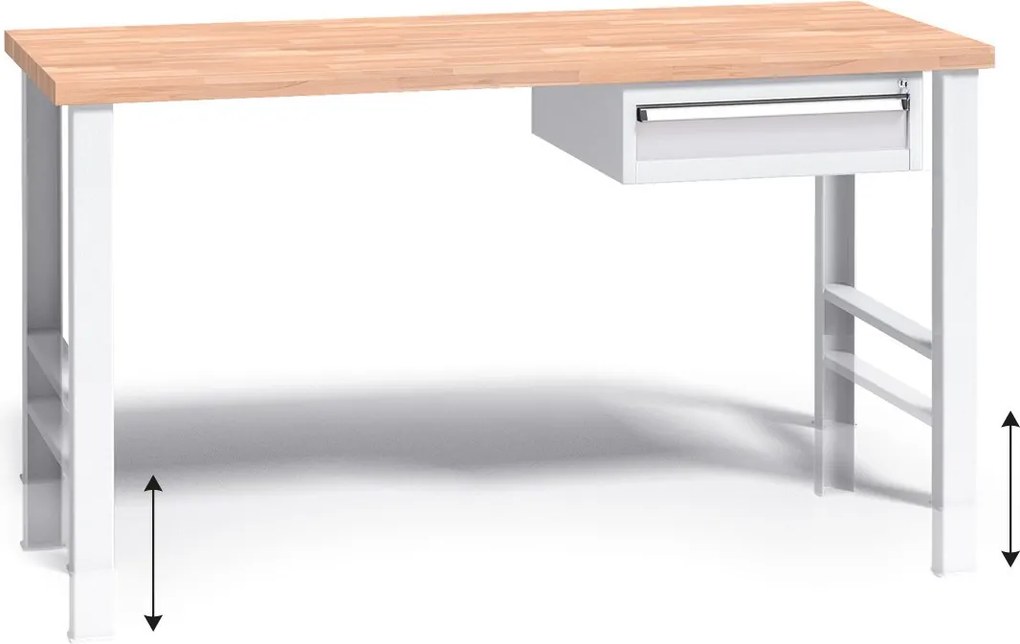 Výškově nastavitelný pracovní stůl do dílny G3 se závěsným boxem na nářadí, buková spárovka, 1 zásuvka, 1500 x 685 x 840 - 1050 mm, šedá
