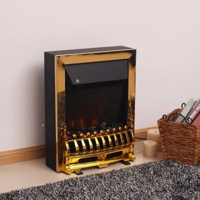 Elektrický krb HOMCOM Stojanový krb s efektem plamene 1000/2000W 48,2 x 18,5 x 59,2 cm ve zlaté barvě pro příjemné večery |
